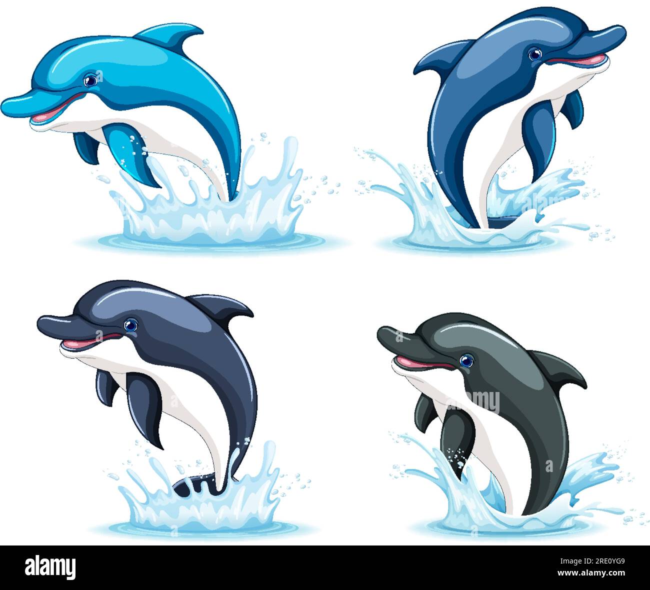 Four dolphins are smiling and jumping out of the water in a vector ...