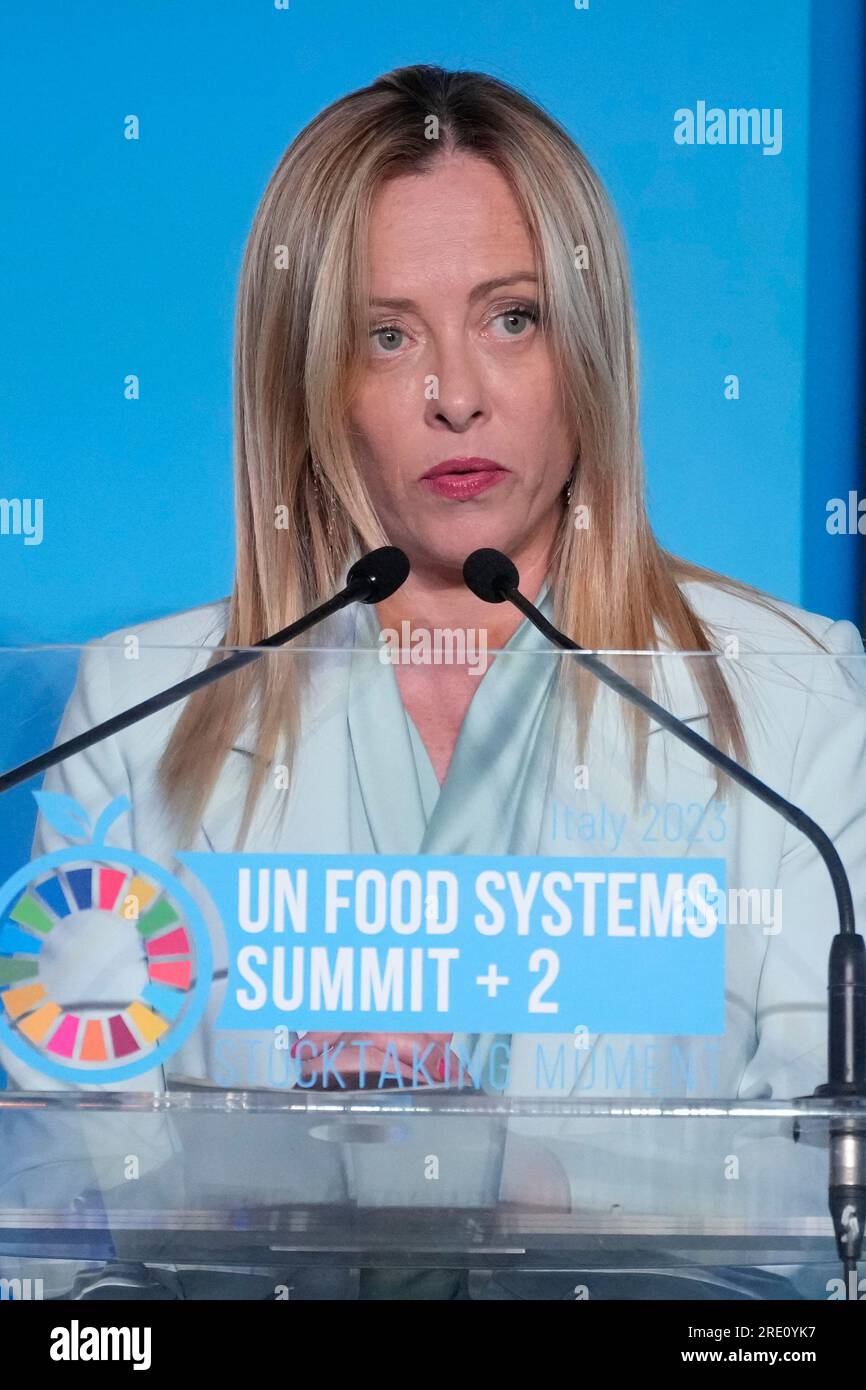 Italian Prime Minister Giorgia Meloni addresses the assembly during the ...