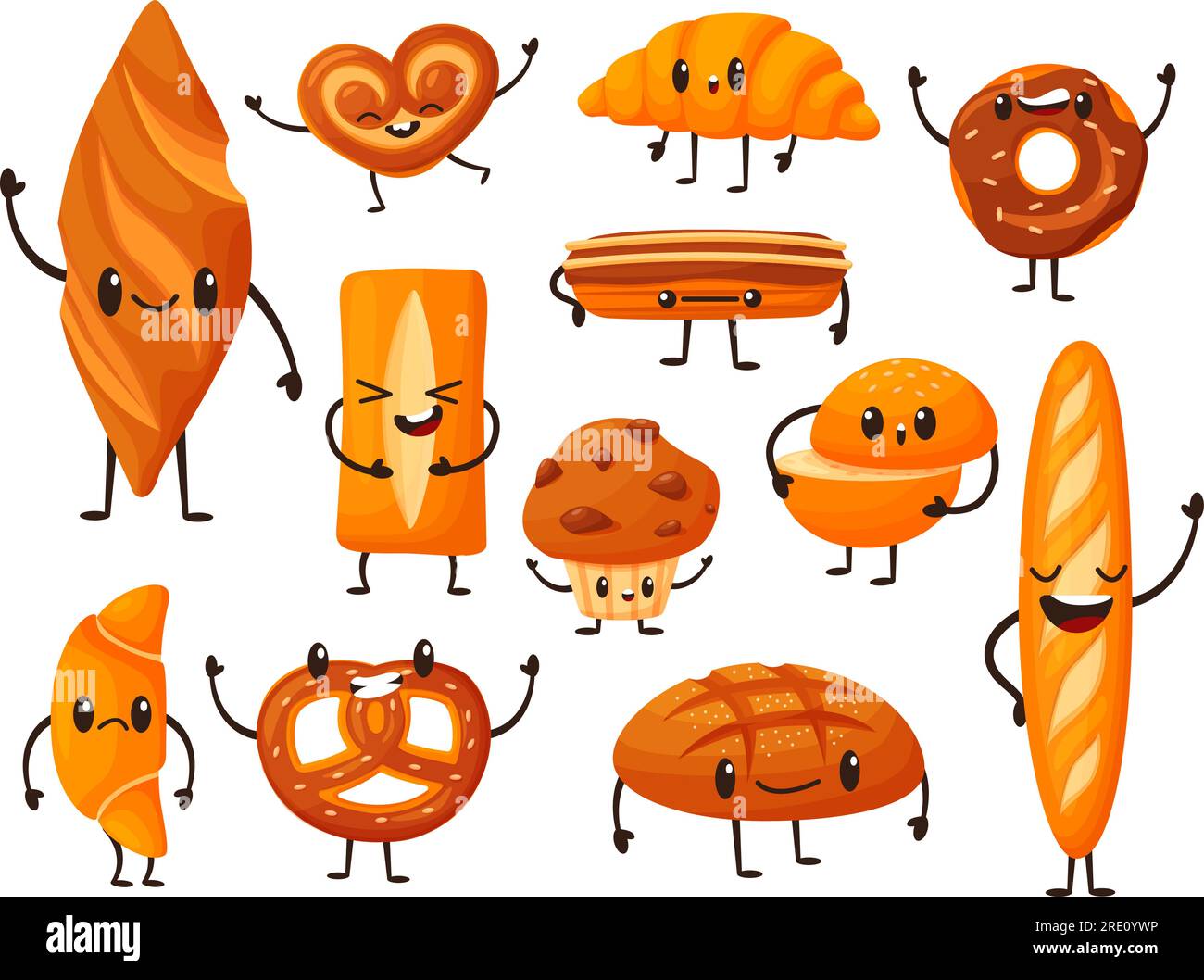 Funny bread characters, variety breads with cartoon faces. Bakery ...
