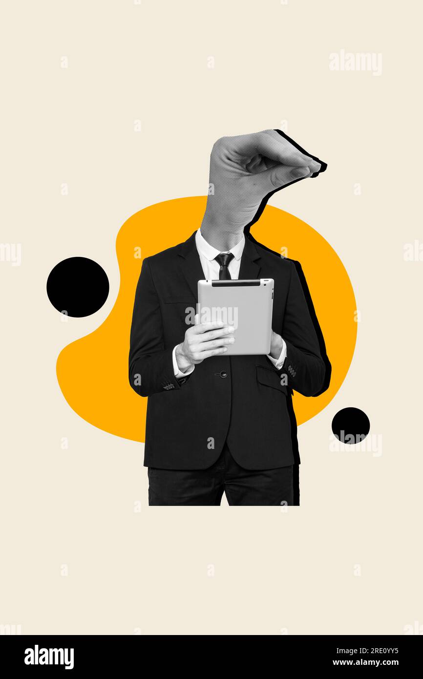 Absurd surreal collage illustration of headless businessman fingers ...