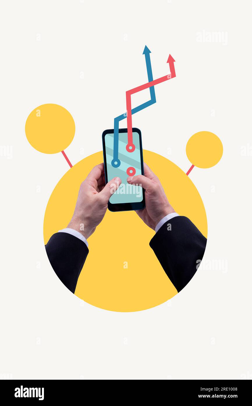 Vertical collage image of arms hold smart phone typing display dialogue ...