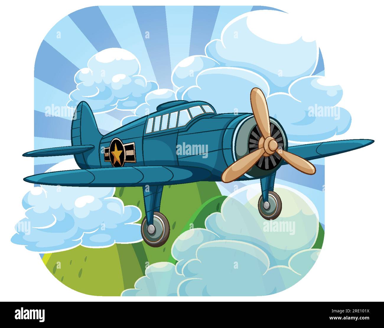 A classic vintage aircraft flying over a sky with a mountain background ...