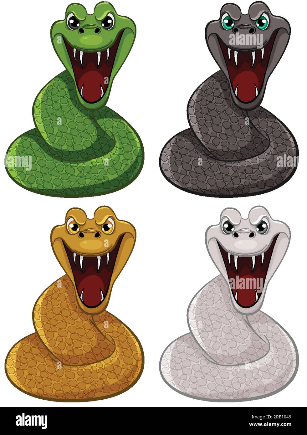 Four python snakes with open mouths and sharp teeth, ready to bite ...