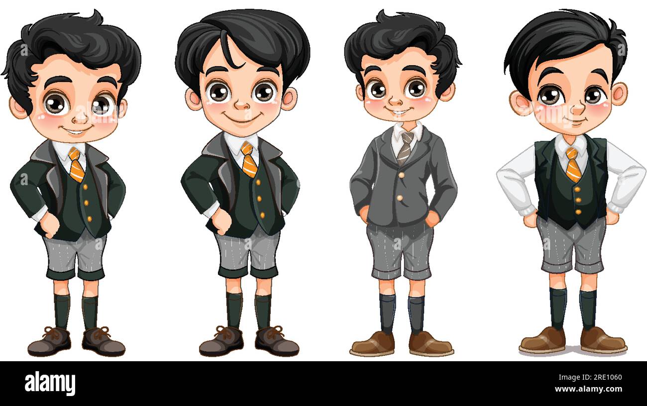Set of Asian boy student cartoon in different uniform illustration ...