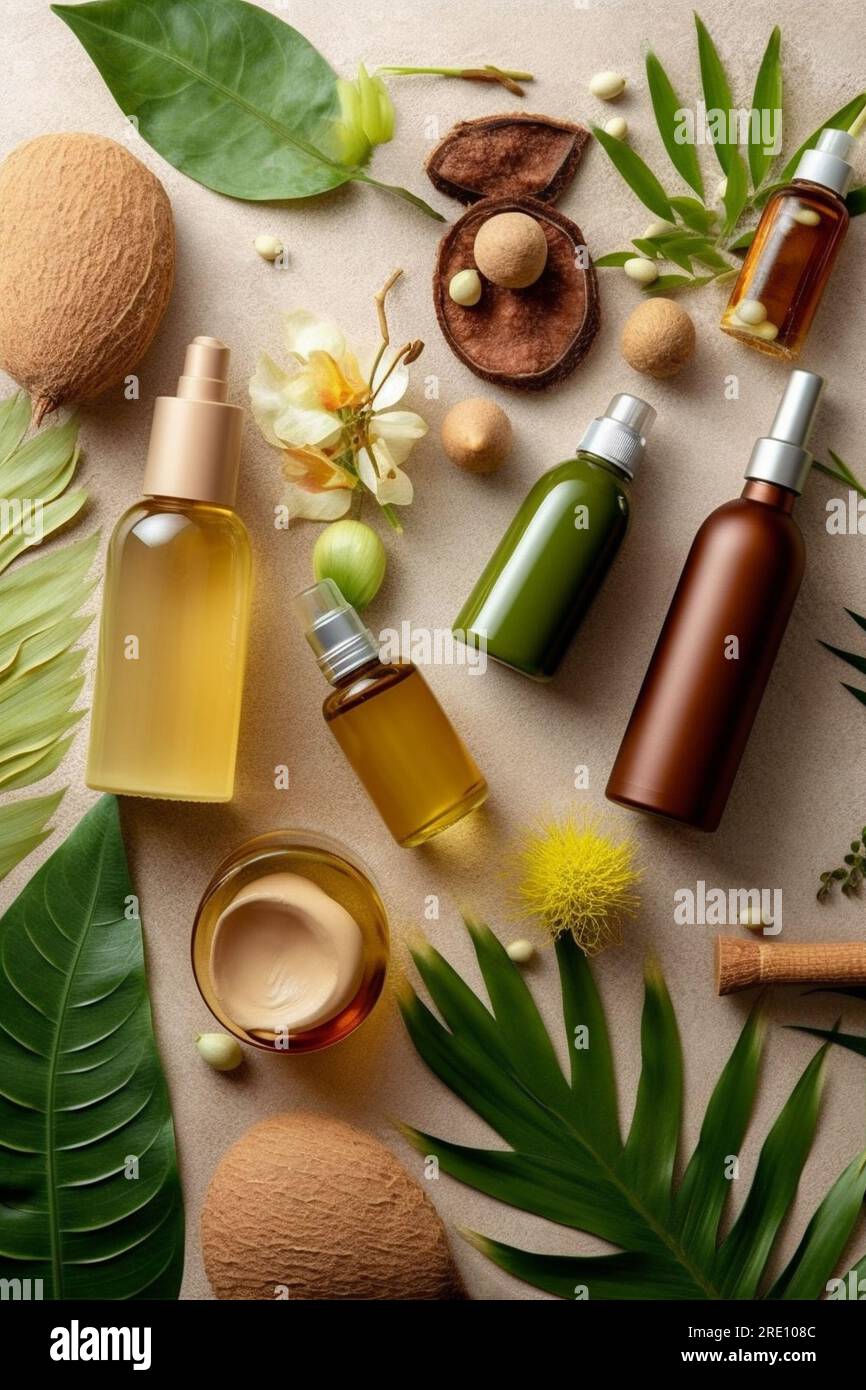 Set of face and body care cosmetics on tropical background. Oil, serum ...