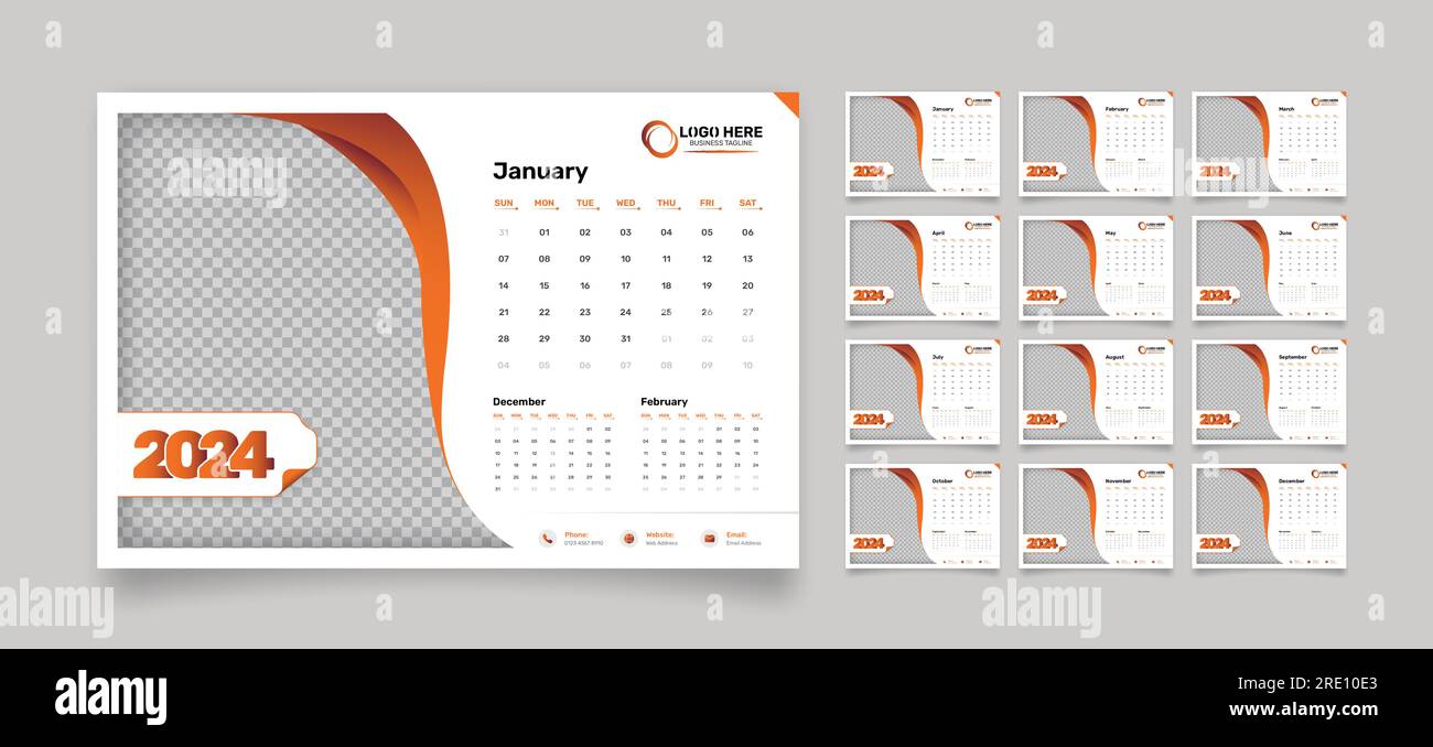 Modern 12 pages desk calendar template for the year 2024 with abstract ...