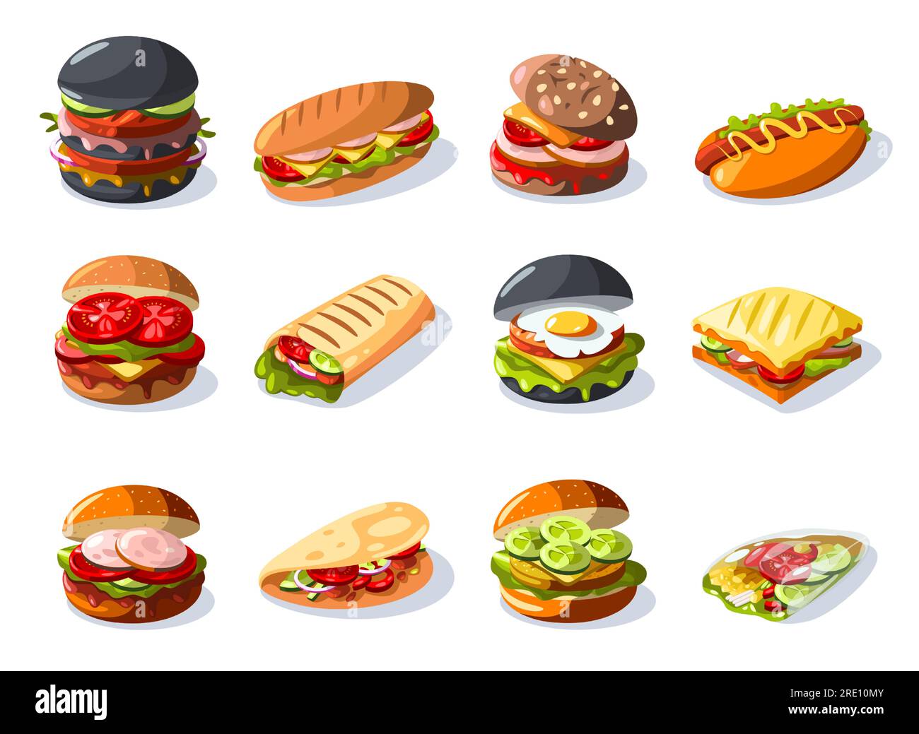 Cartoon sandwiches. Fresh fast food with different fillings, healthy ...