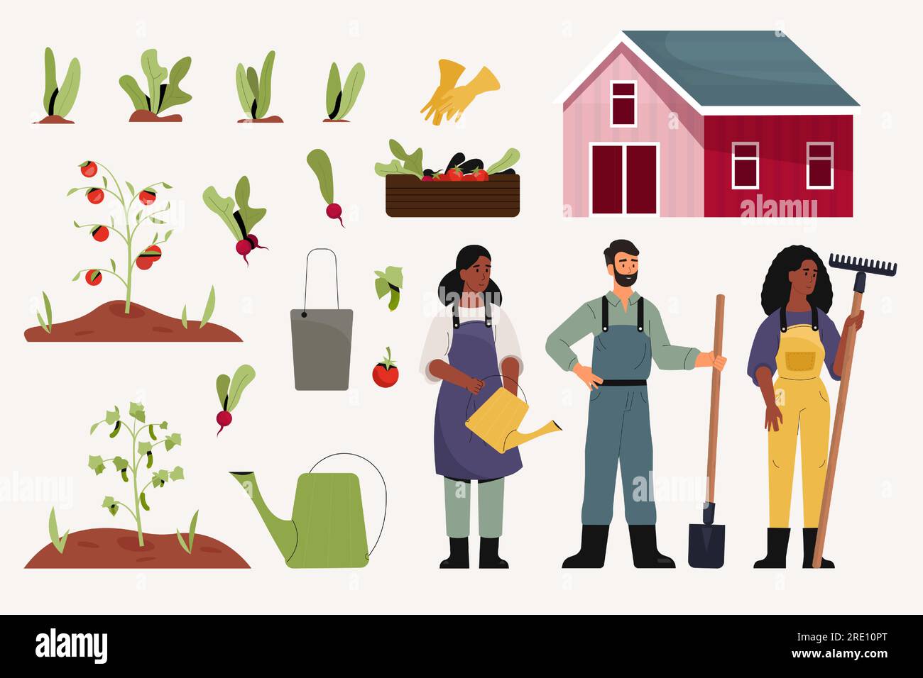 Farmers and crops. Cartoon characters working in farm with organic ...