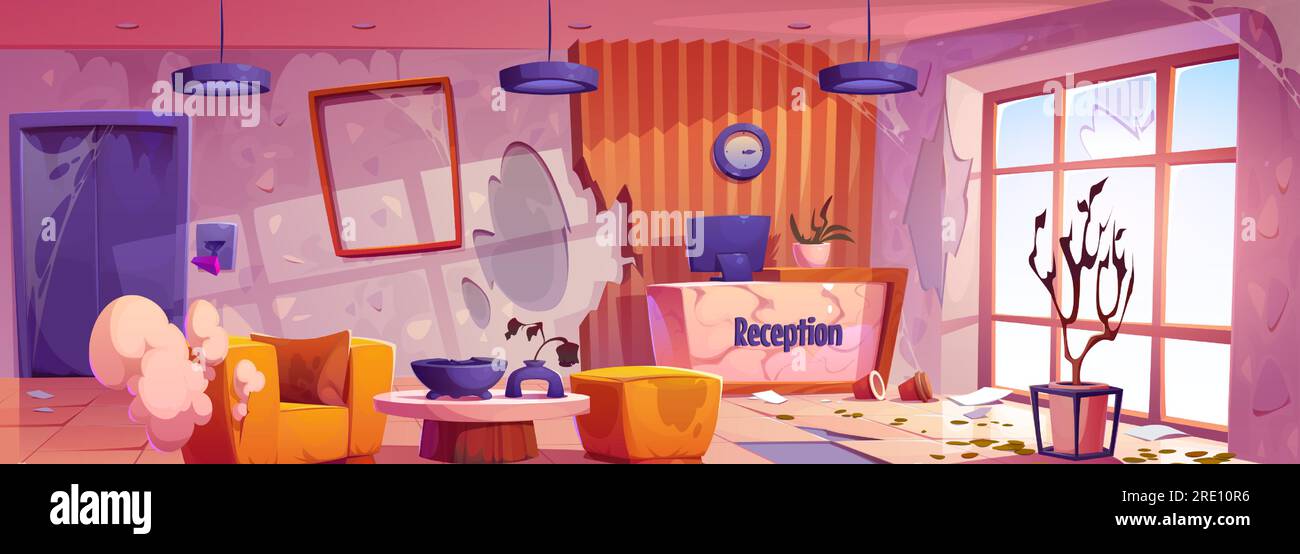 Abandoned hotel lobby room and office reception interior background ...