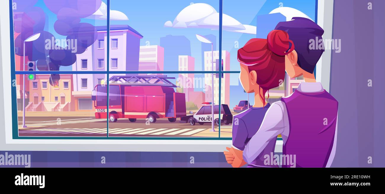 Couple watching from window on burning building and fire truck cartoon ...