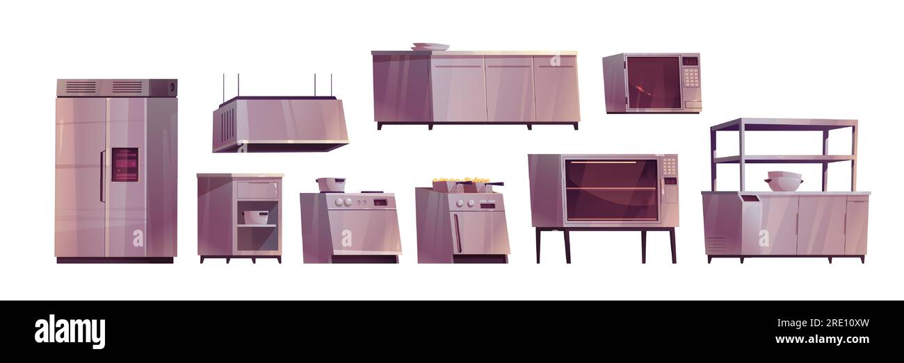 Cartoon set of professional kitchen equipment and furniture isolated on ...