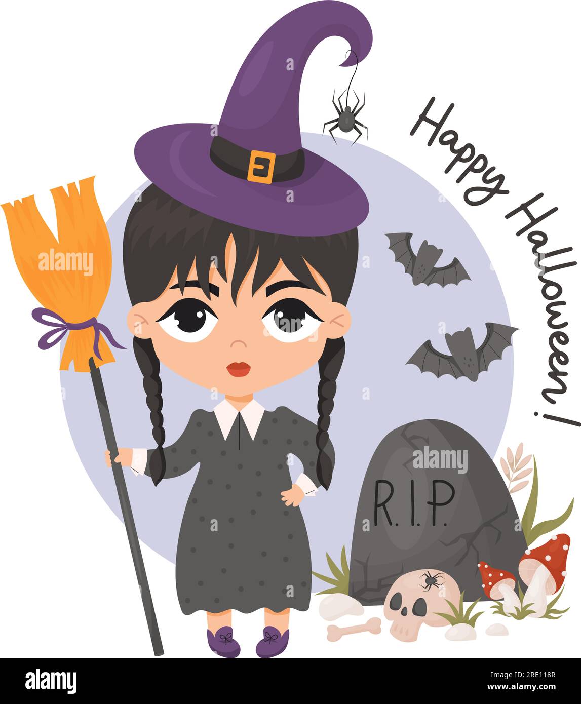 Happy Halloween. Cute gothic witch girl with braids in hat with spider ...