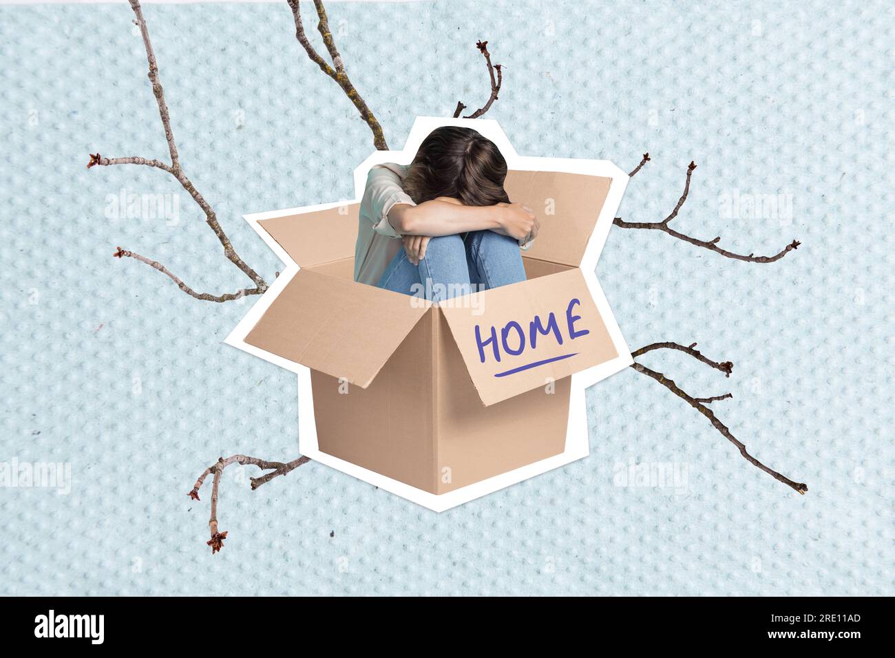 Photo collage of stressed young girl poor sitting inside carton package ...