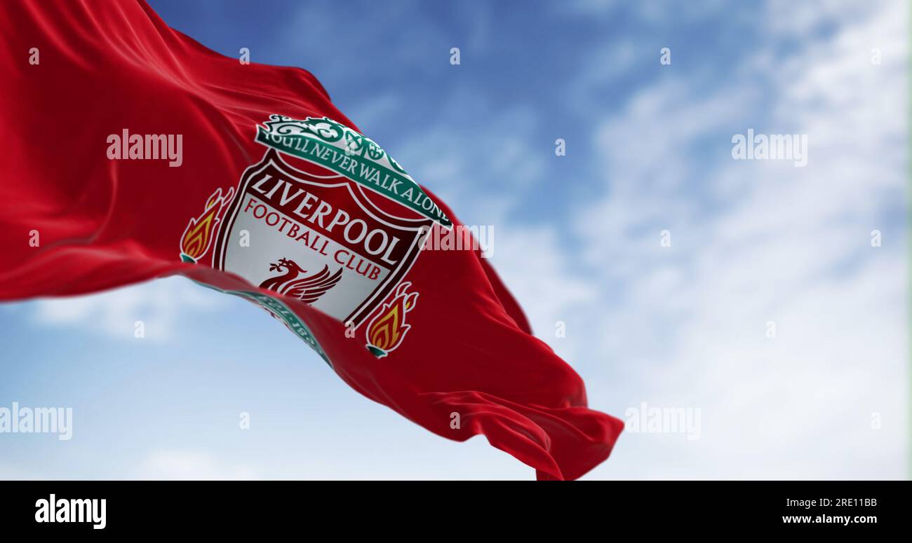 Liverpool, UK, Jube 30 2023: Liverpool Football Club flag waving on a ...