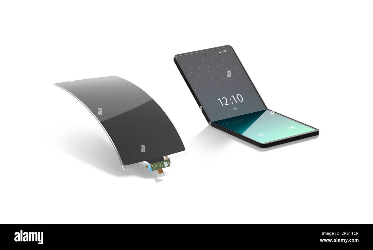 Blank turned on flexible clamshell and flip phone display mockup, 3d ...