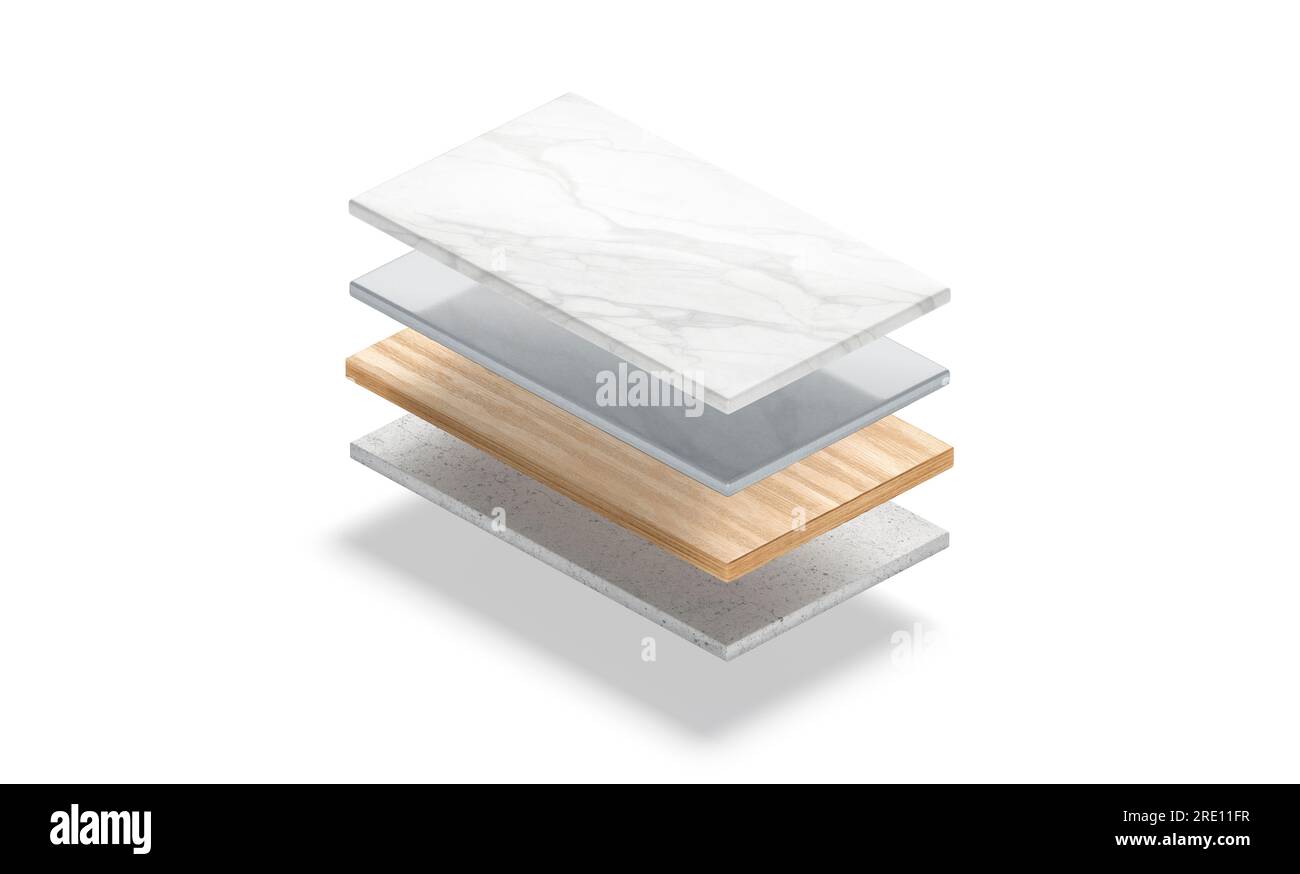 Blank marble, metal, wood and concrete material layers mockup, 3d rendering. Empty layered ...