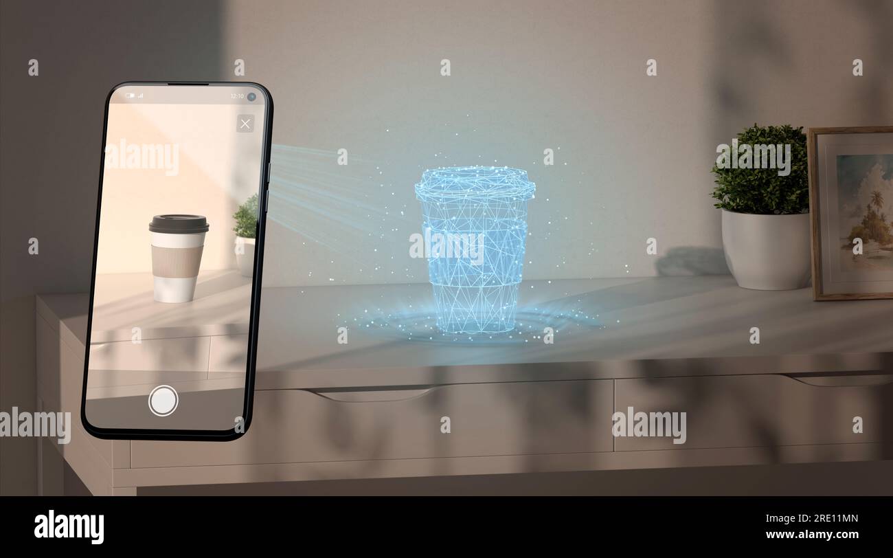White cup hologram stand on table phone display augmented reality, 3d rendering. Immersive ar ...