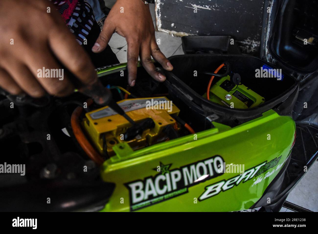 Bandung, West Java, Indonesia. July 24, 2023. Technicians make repairs ...