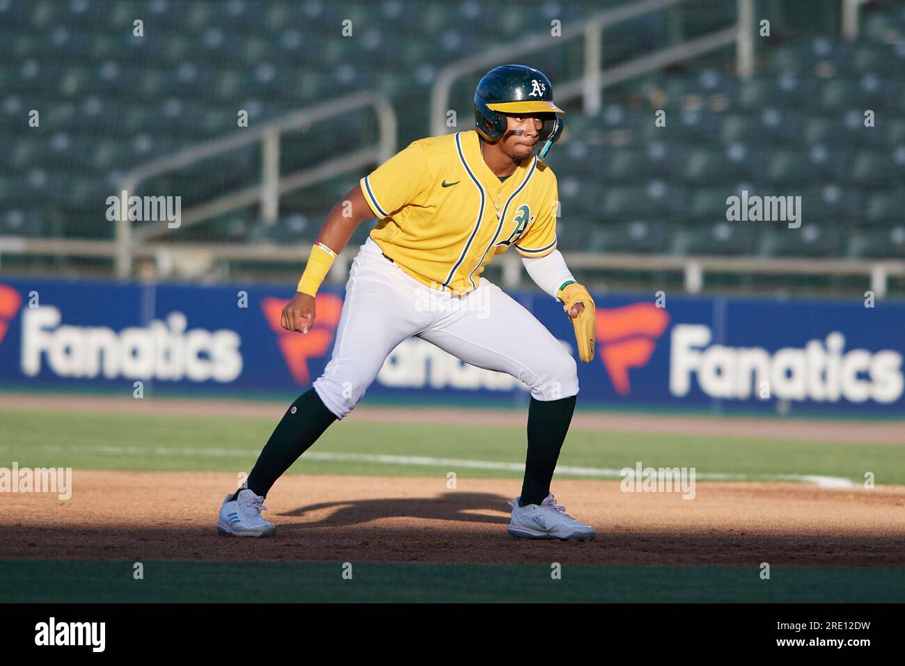 Moises Gallardo (89) of the ACL Athletics leads off first base during ...