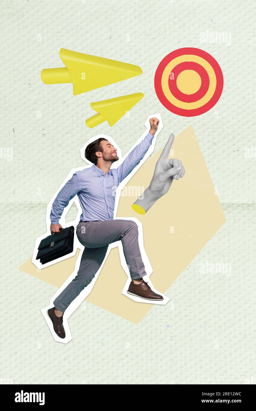 Collage effort workaholic young businessman run jumping fist up ...