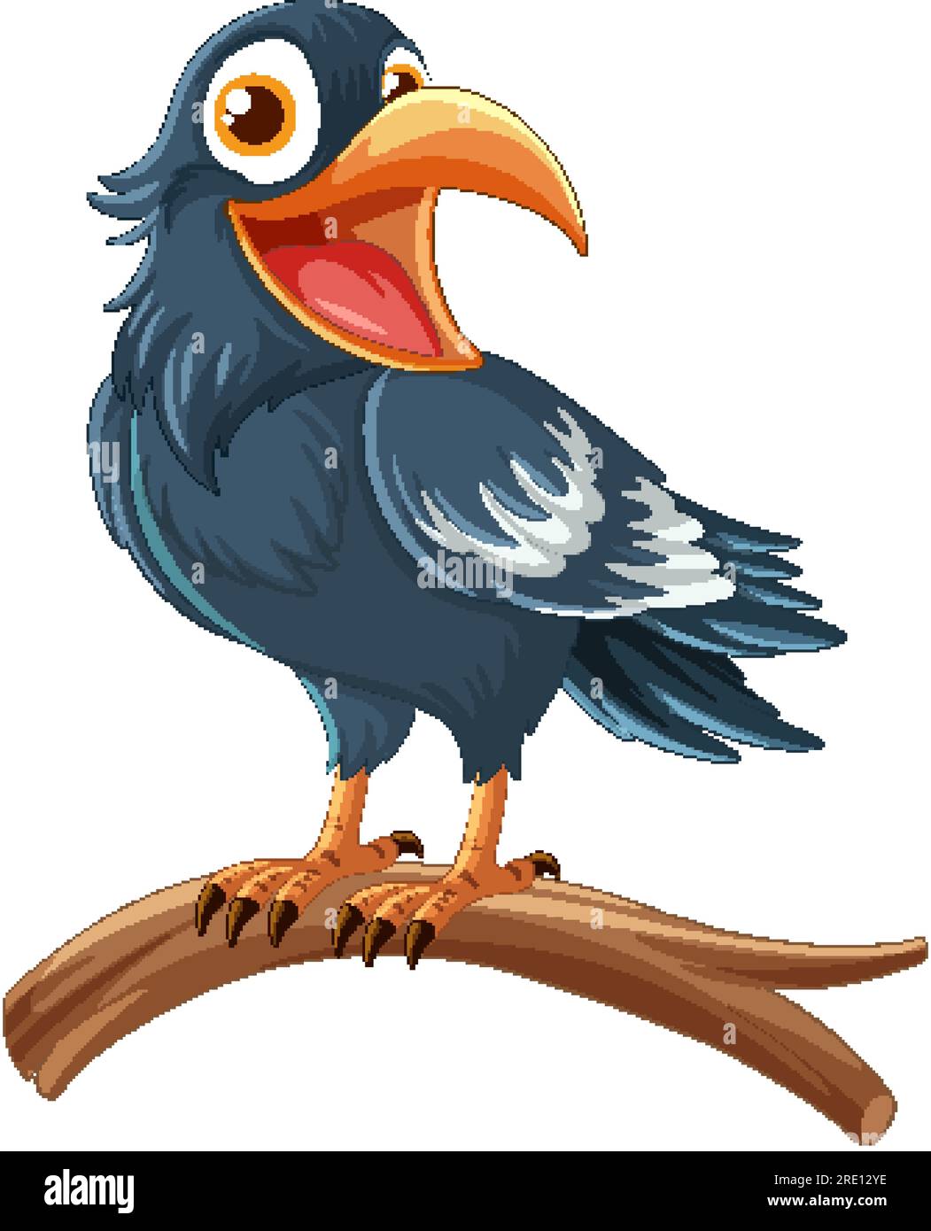 A cartoon illustration of a raven standing on a tree branch and smiling ...