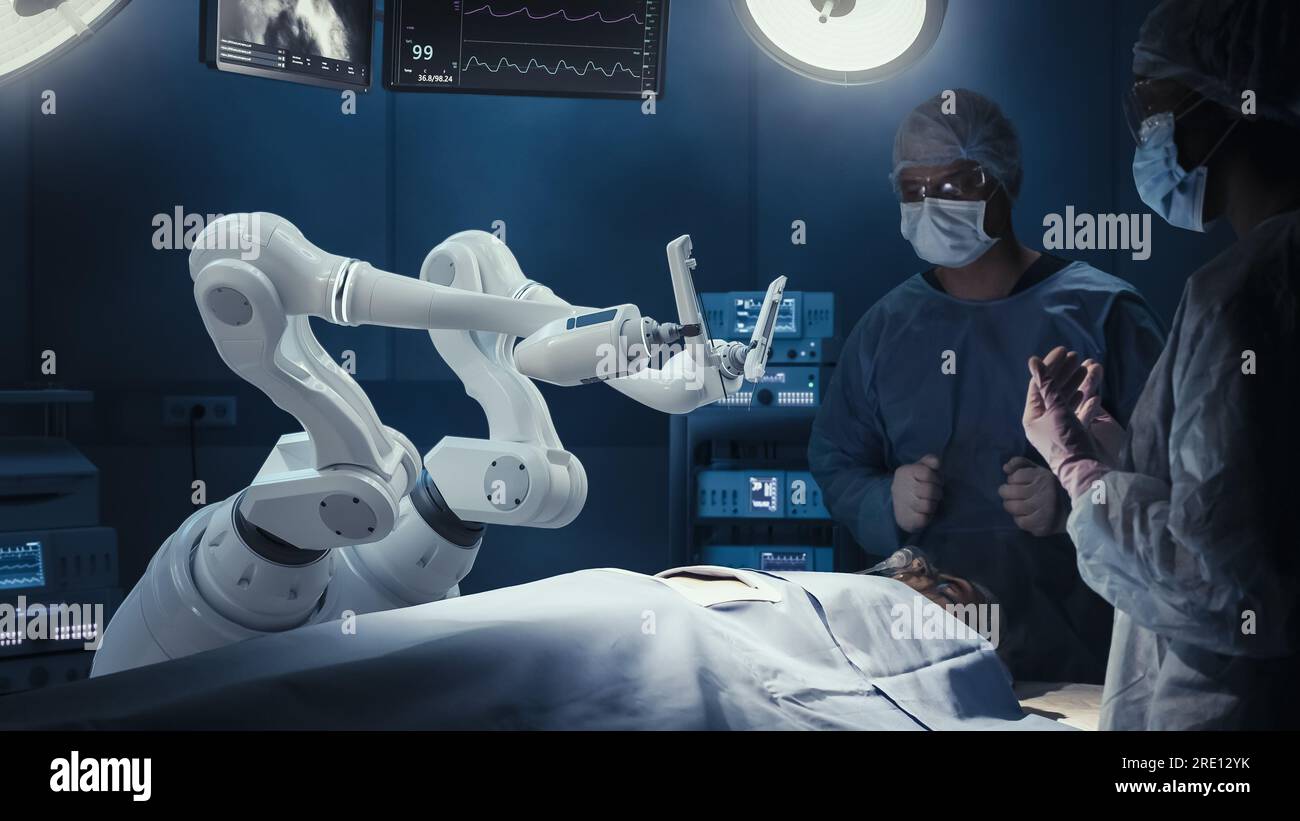 Two Surgeons Observing High-Precision Programmable Automated Robot Arms Operating Patient In ...