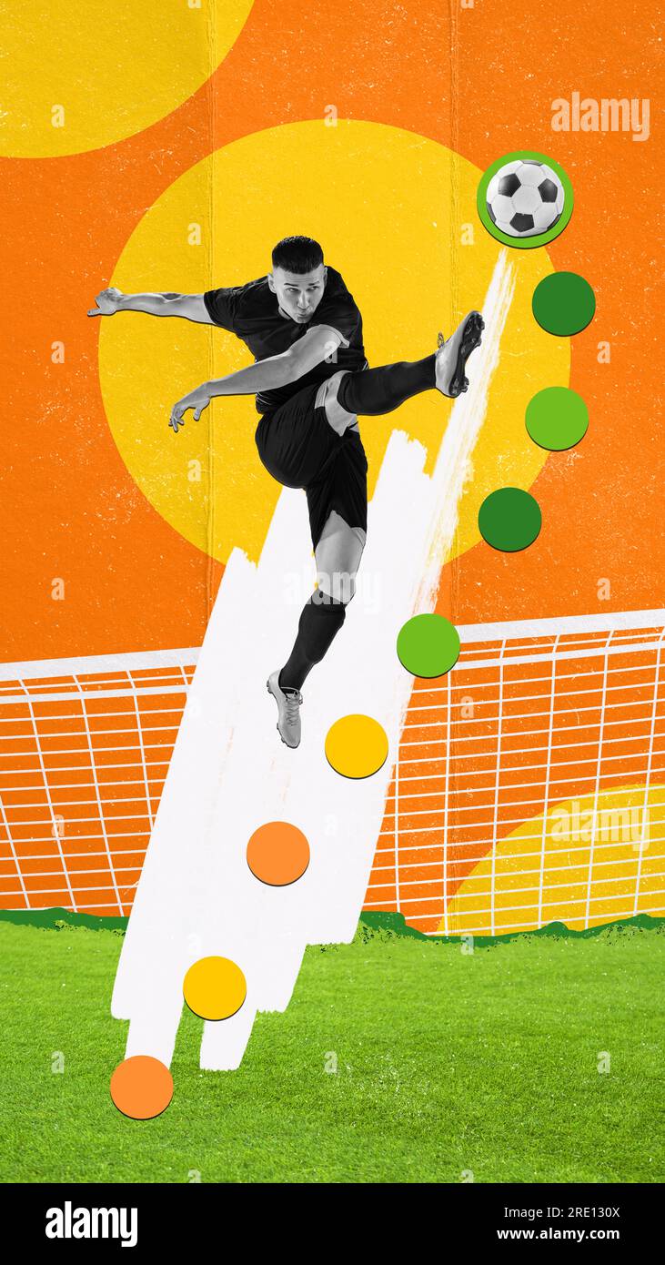 Vertical dynamic image of concentrated young man, football player in ...