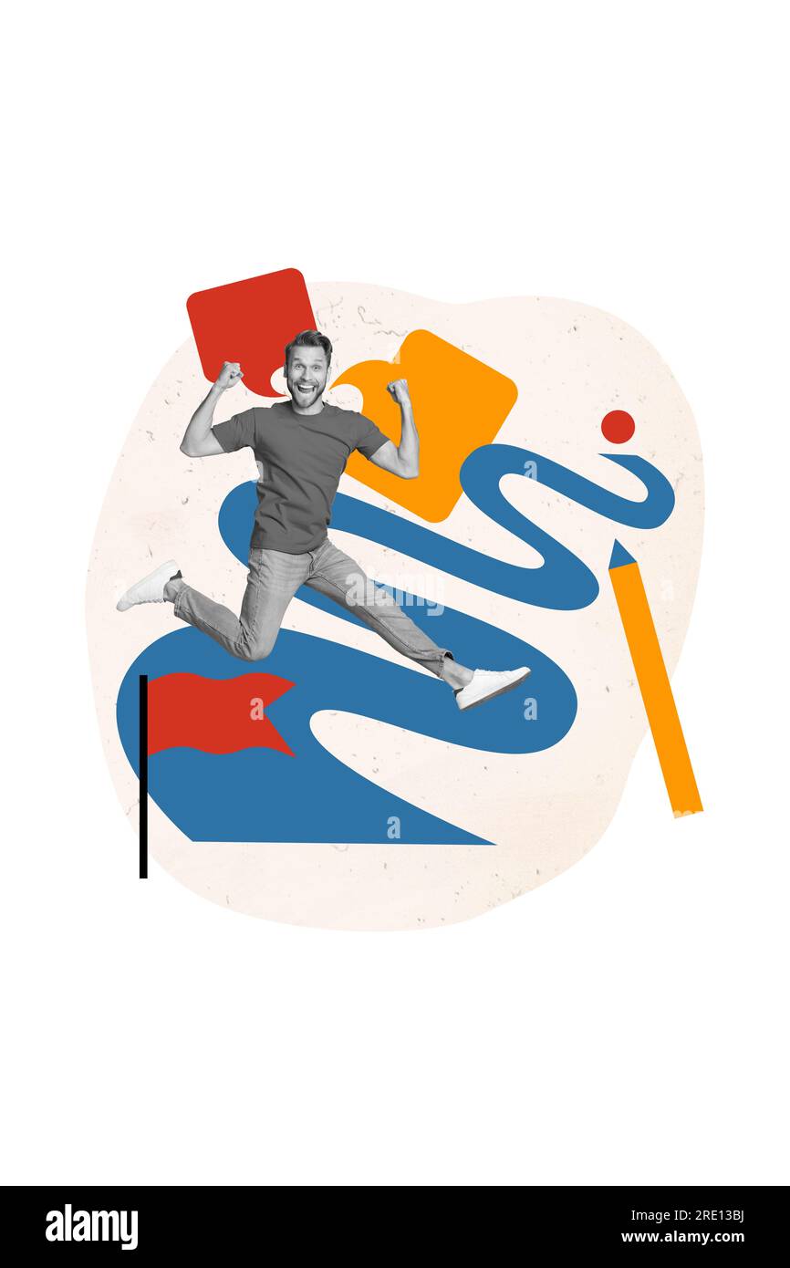 Banner poster collage image of excited positive guy run way announce ...