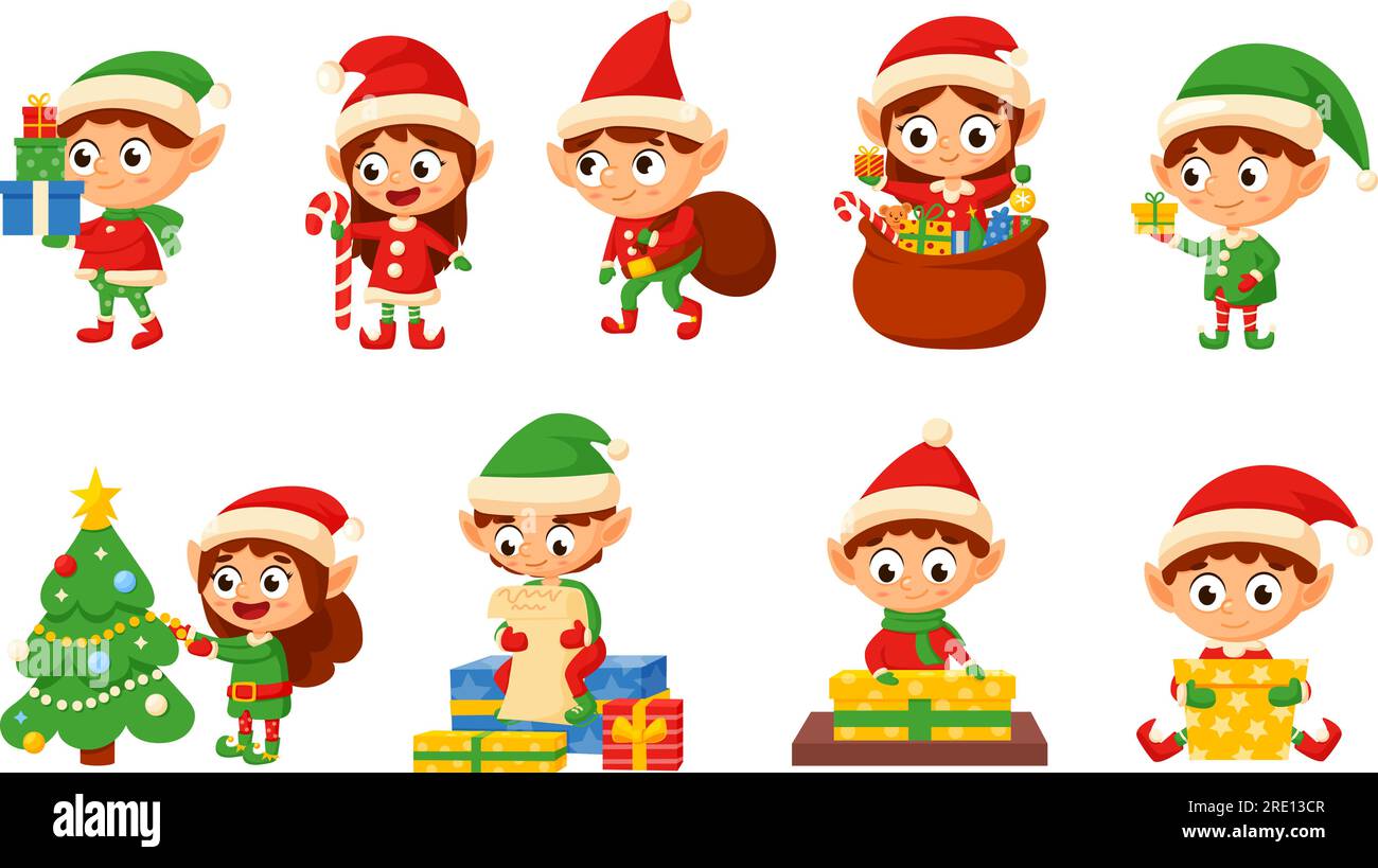 Cartoon santa elves characters, christmas elf with gifts and xmas tree ...