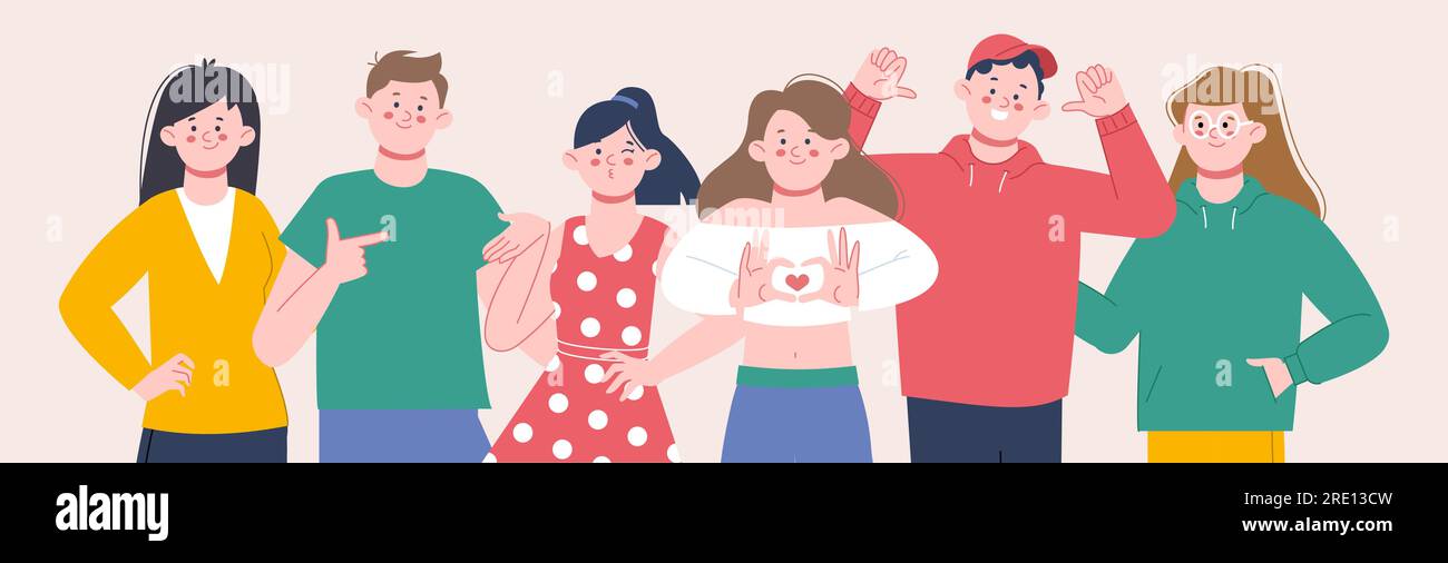 Positive people group, friends smile and hug. Cheering society, happy flat students portrait ...