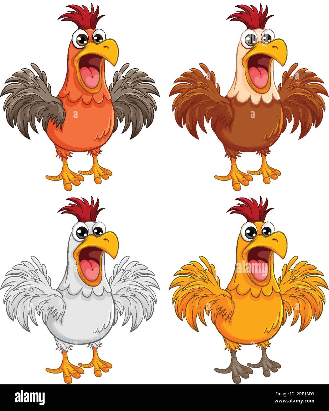 Four cartoon chickens are freaking out, isolated on a white background ...