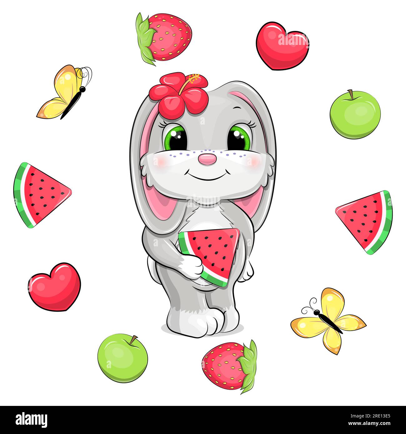 Cute cartoon gray rabbit with a red flower stands in a fruit frame ...