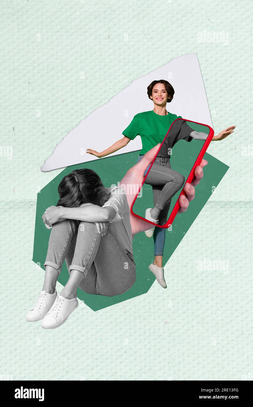 Vertical photo collage template of crying funny girl dancing watching ...