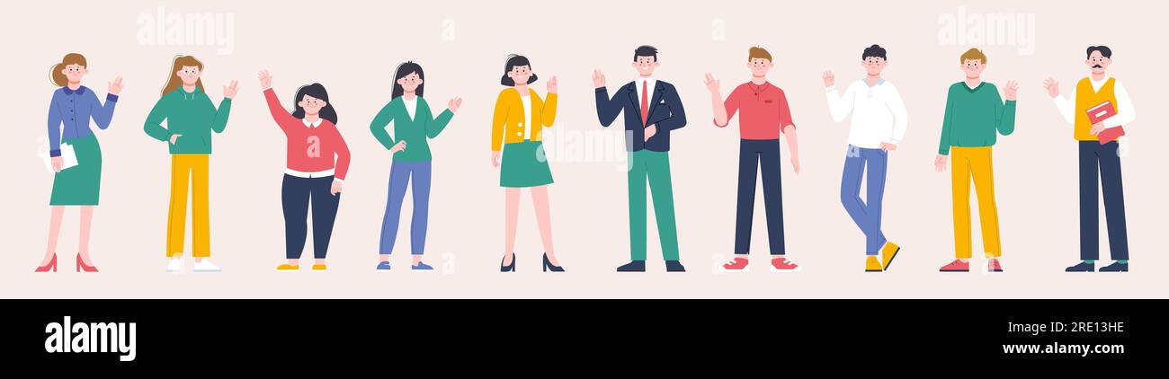 People greeting and say hello. Welcome characters, teens and adults ...