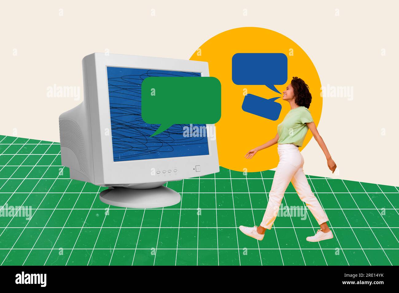 Sketch artwork collage of funny girl walk answer sms announce idea plan ...