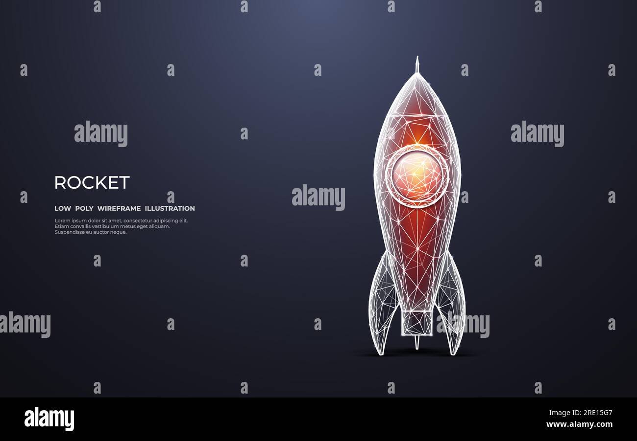 Abstract retro rocket consists of polygons, lines, and connected dots ...