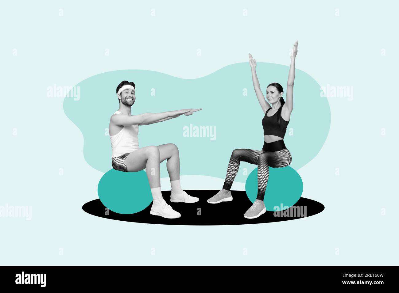 Full body size photo collage of two sports people do exercise ...