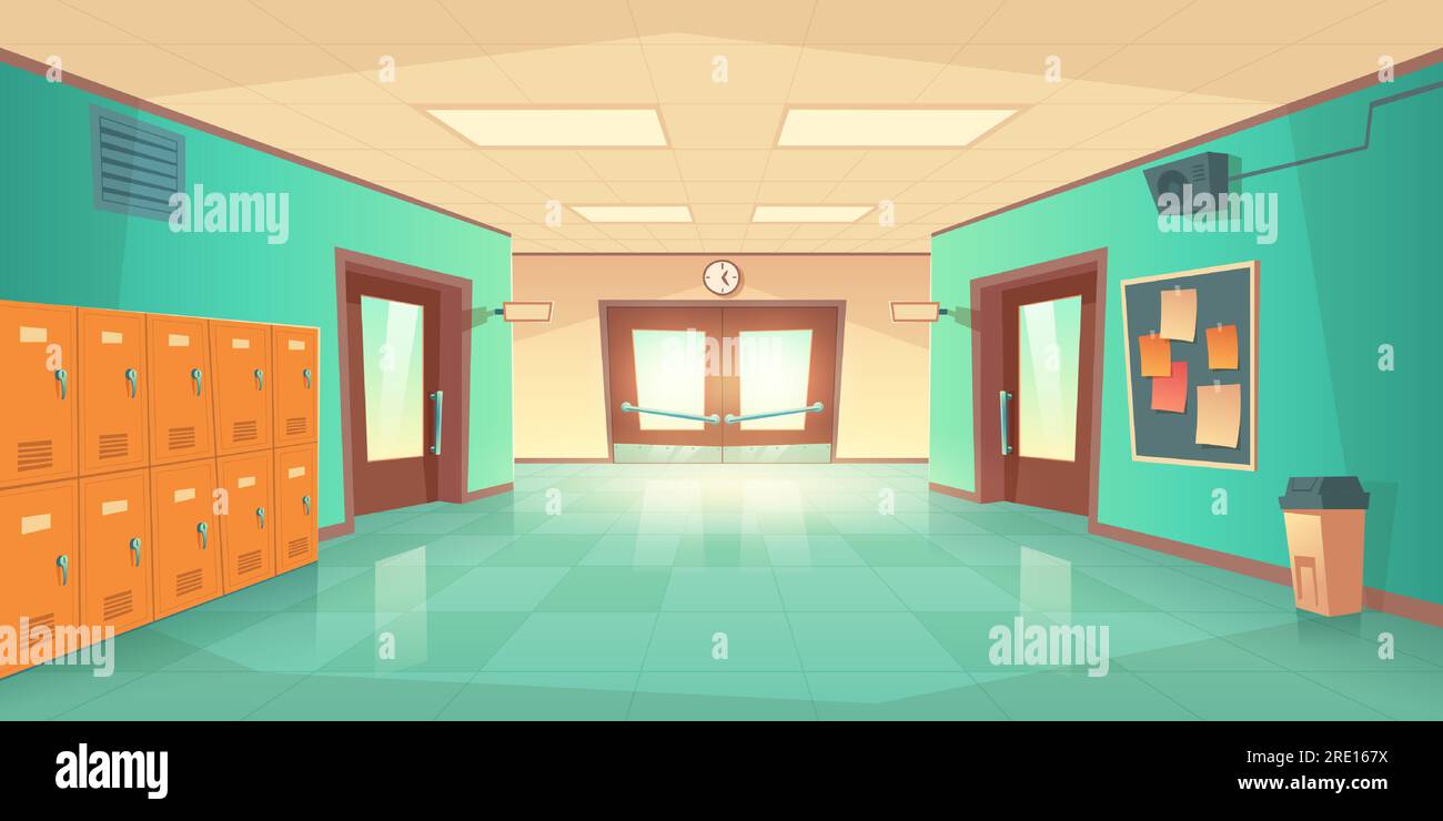 School hallway interior with entrance doors, lockers and bulletin board ...