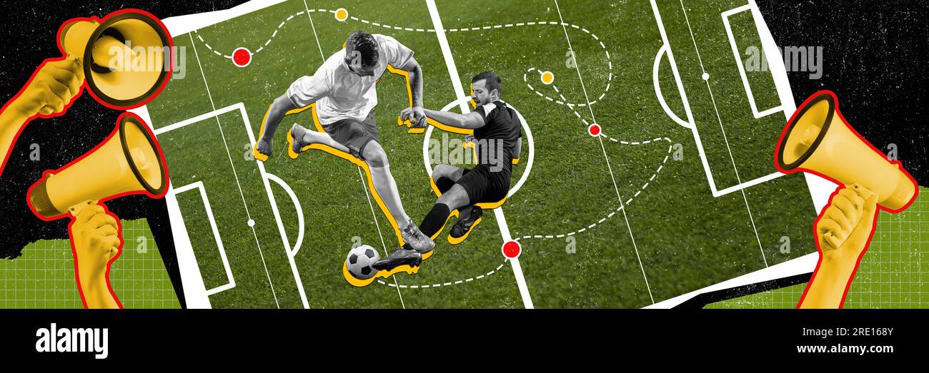 Game strategy. Two men, football players in motion, hitting ball on ...