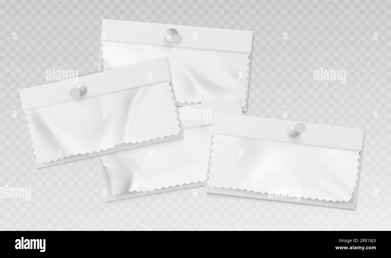 Realistic set of pinned fabric swatches isolated on transparent ...