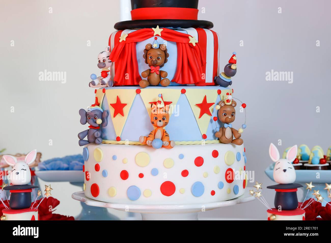 festive chocolate cake with pictures and circus theme - delicious colorful birthday cake with ...