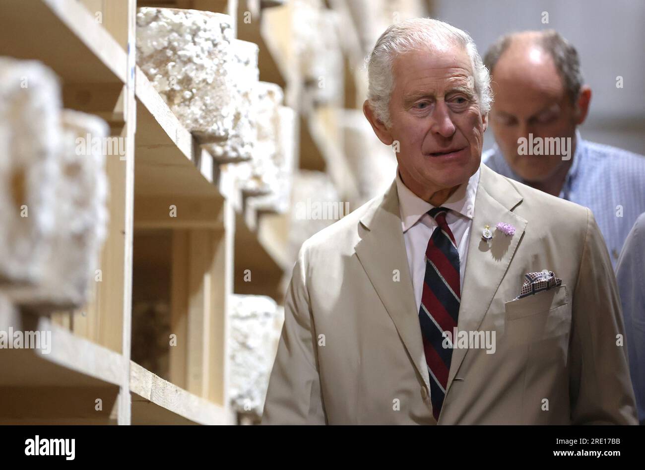 King Charles III views cheeses during his visit to the Ulceby Grange ...