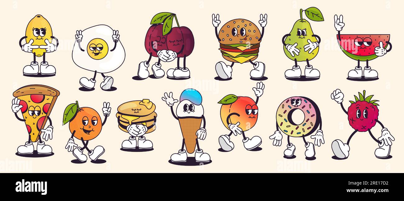 Retro cartoon food. Doodle cute colorful snacks and food figures with ...