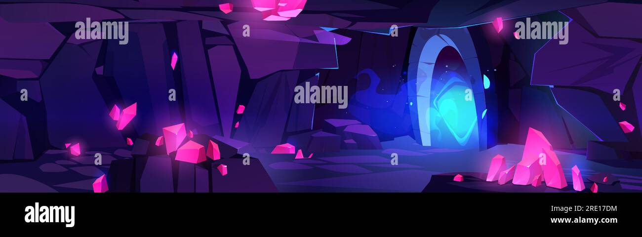 Cartoon cave with pink crystals on stone walls. Vector illustration of ...