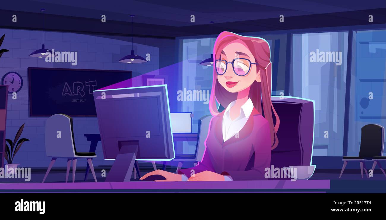 Young business woman working in office at night. Vector cartoon ...