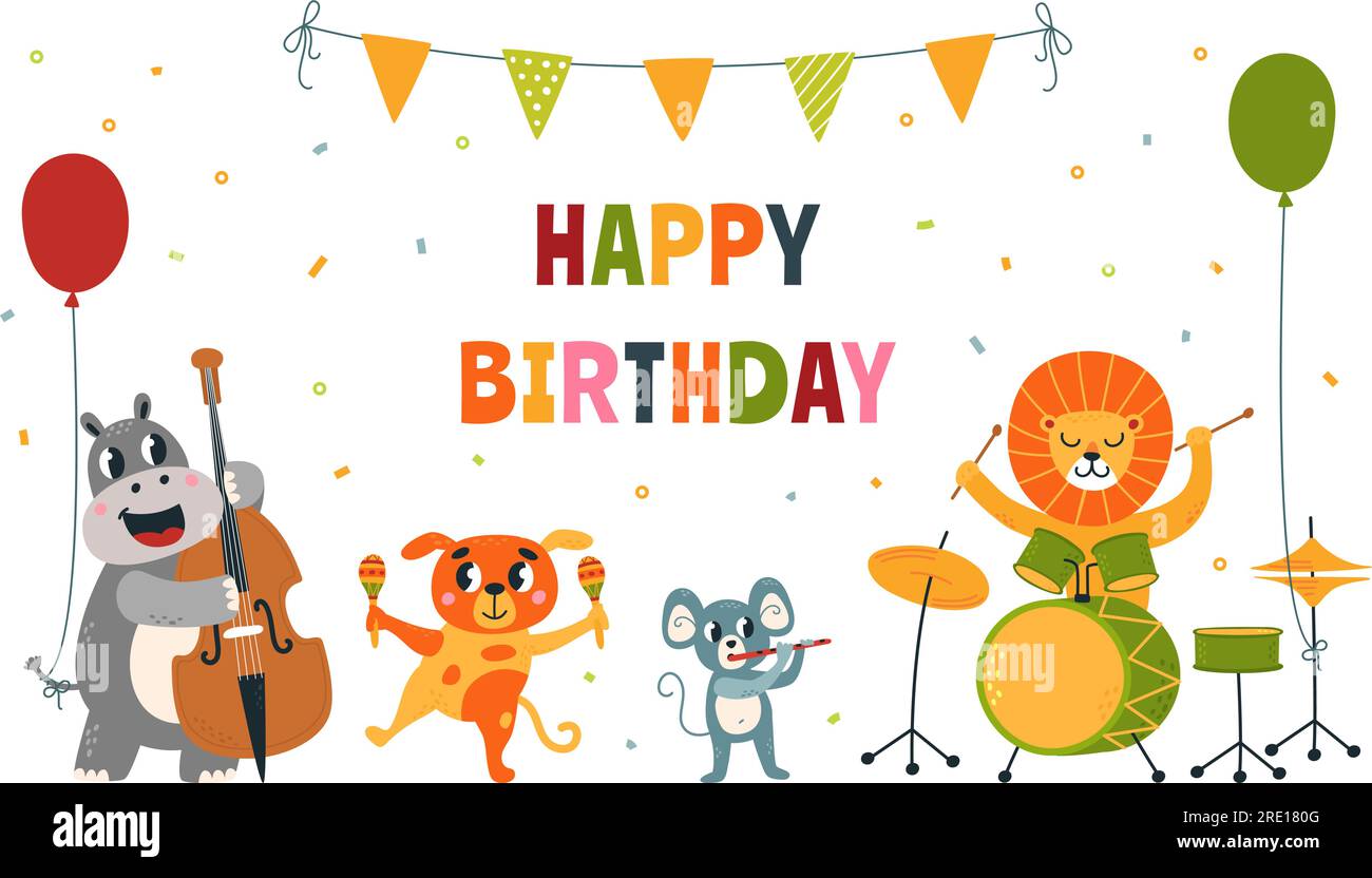 Holiday birthday party animal banner. Animals playing musical ...