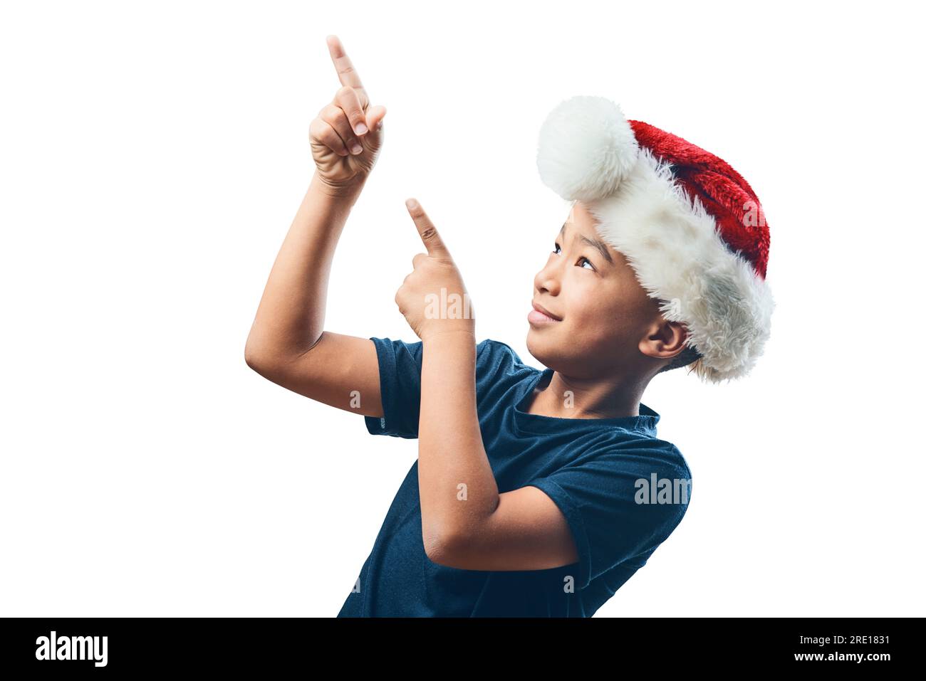 Christmas, pointing and happy with child on transparent background for ...