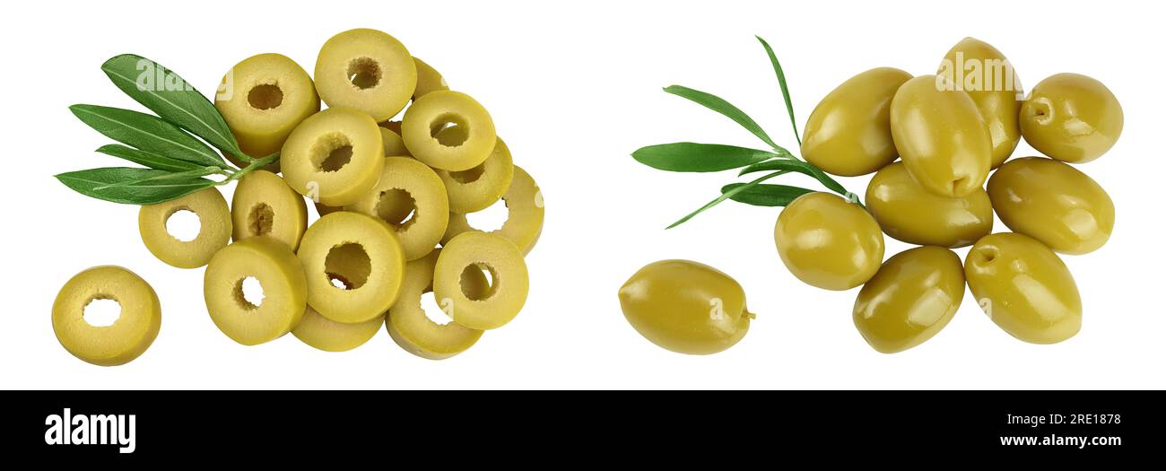 Green olives slices isolated on a white background with full depth of ...