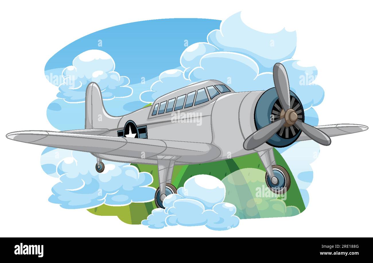 A vector cartoon illustration of a vintage military aircraft flying in ...