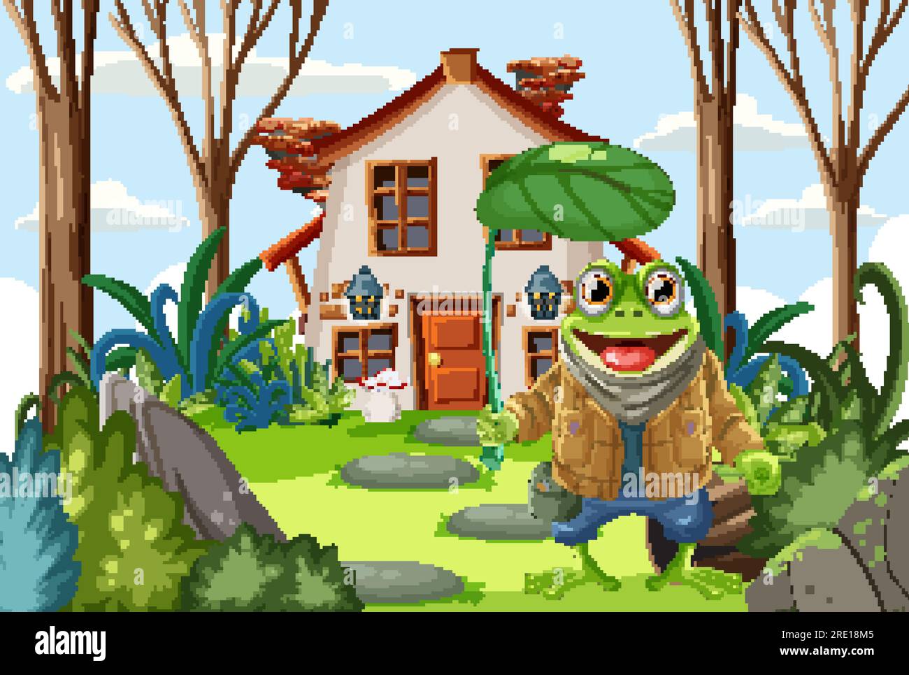 Green Frog Cartoon Character in Fantasy Forest illustration Stock ...